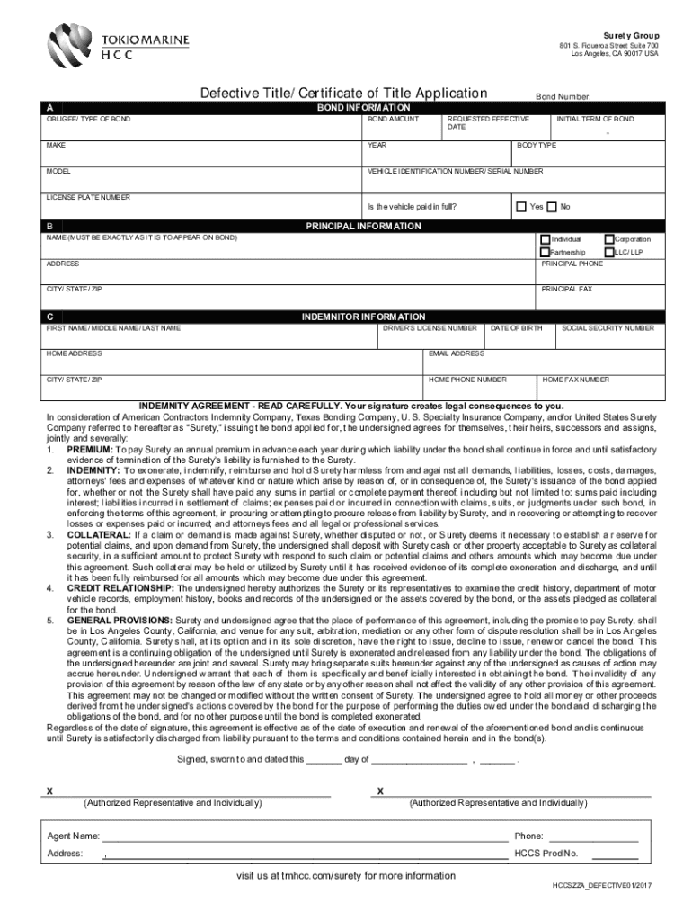 Fillable Online Certificate of Title Application - Tokio Marine HCC Fax ...