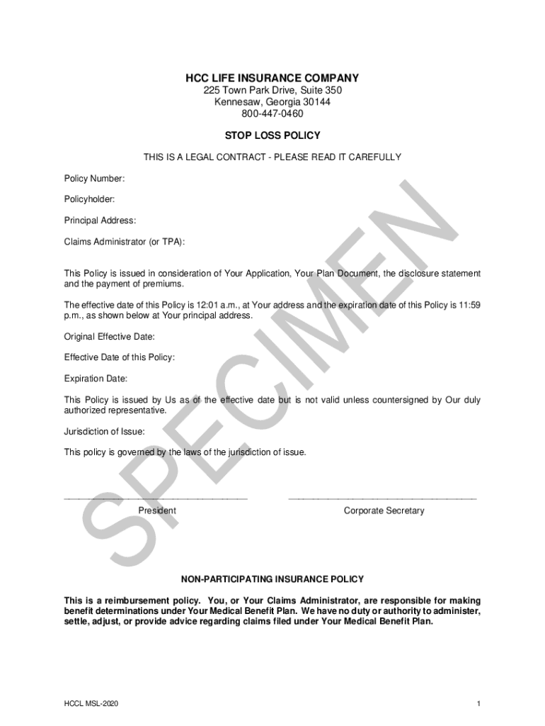 Fillable Online HCCL Stop Loss Policy - Rush County Indiana Government ...