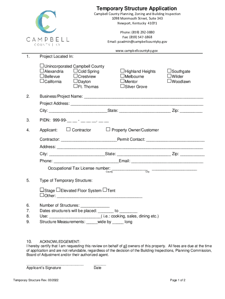 Fillable Online Temporary Structure Application - Campbell County, Kentucky Fax Email Print ...