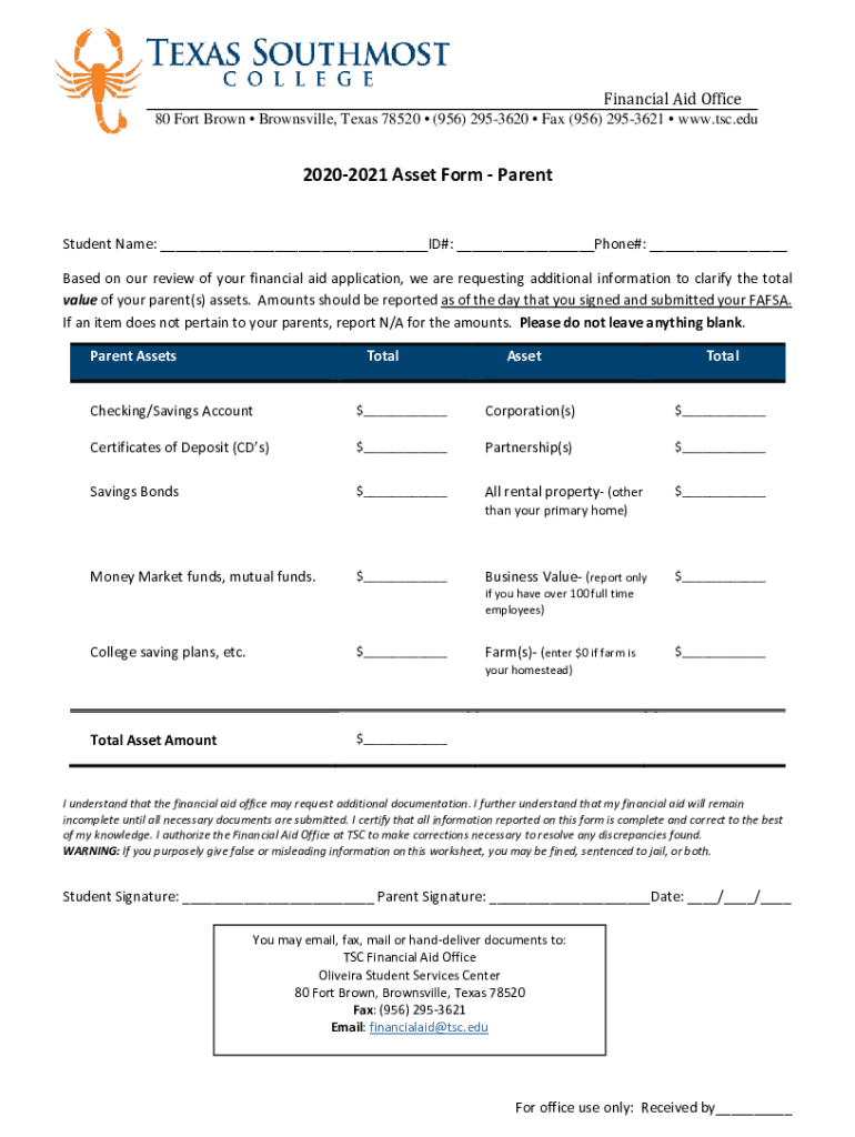 Fillable Online 2020-2021 Asset Form - Parent - Texas Southmost College ...