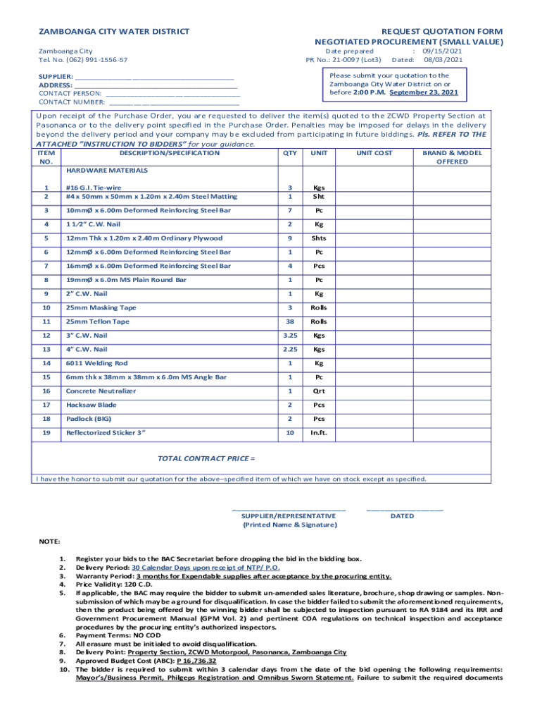 Fillable Online zcwd gov RFQ-21-0097-Lot3.pdf - Zamboanga City Water ...
