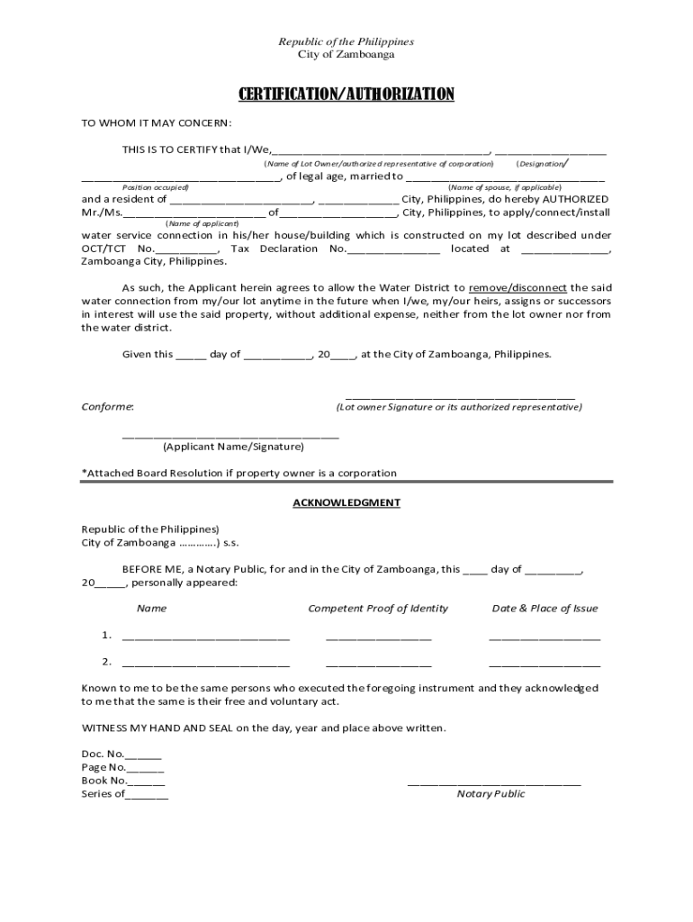 Fillable Online zcwd gov CERTIFICATION/AUTHORIZATION Fax Email Print - pdfFiller