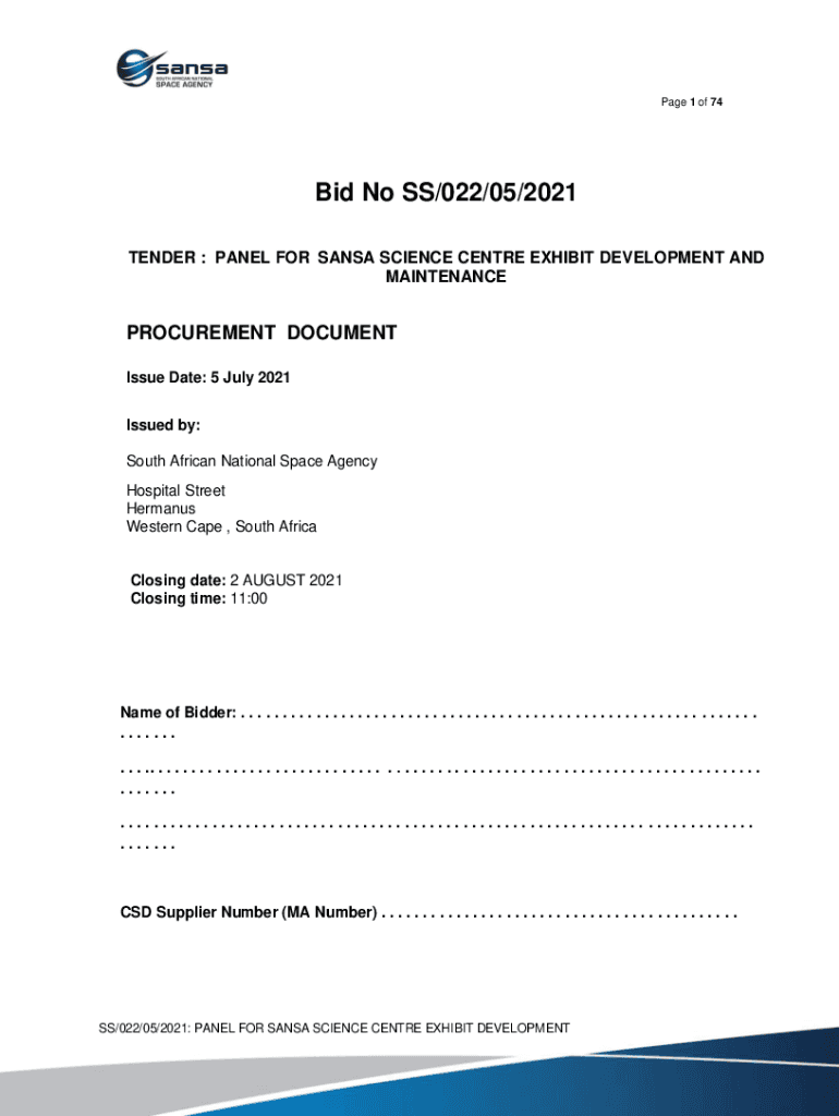 Fillable Online TENDER : PANEL FOR SANSA SCIENCE CENTRE EXHIBIT ...