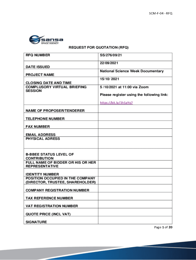 Fillable Online SCM-F-04 - RFQ Page 1 of 20 REQUEST FOR ... - SANSA Fax Email Print - pdfFiller