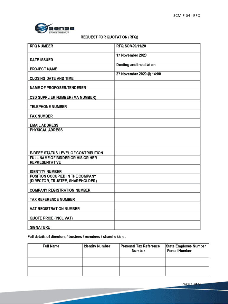 Fillable Online RFQ SO/499/11/20 Fax Email Print - pdfFiller
