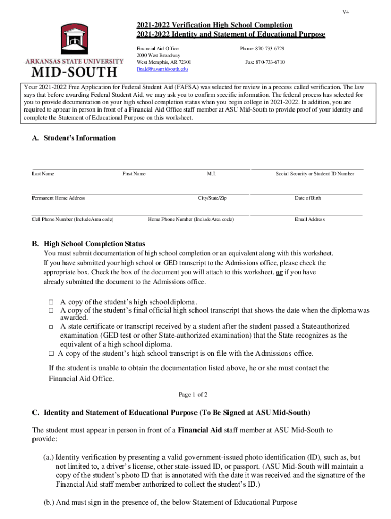 Fillable Online A. Student's Information 2021-2022 Verification High ...