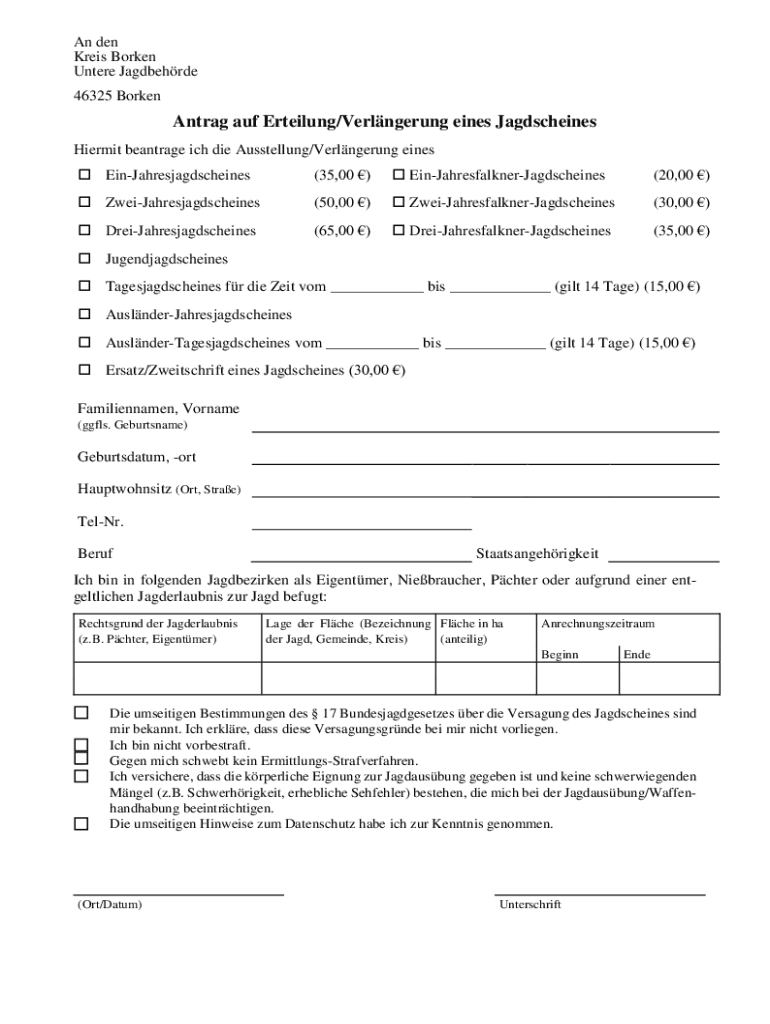Fillable Online Antrag auf Erteilung/Verlngerung eines Jagdscheines Fax Email Print - pdfFiller