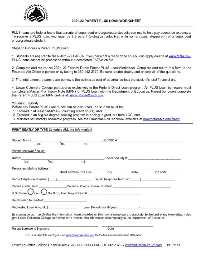 Fillable Online 2021-22 PARENT PLUS LOAN WORKSHEET Fax Email Print ...