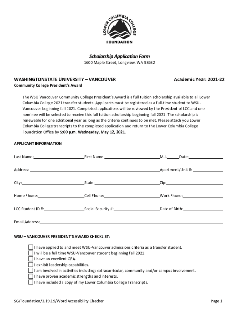 Fillable Online 2021WSU-Vancouver President's Award Application Fax Email Print - pdfFiller