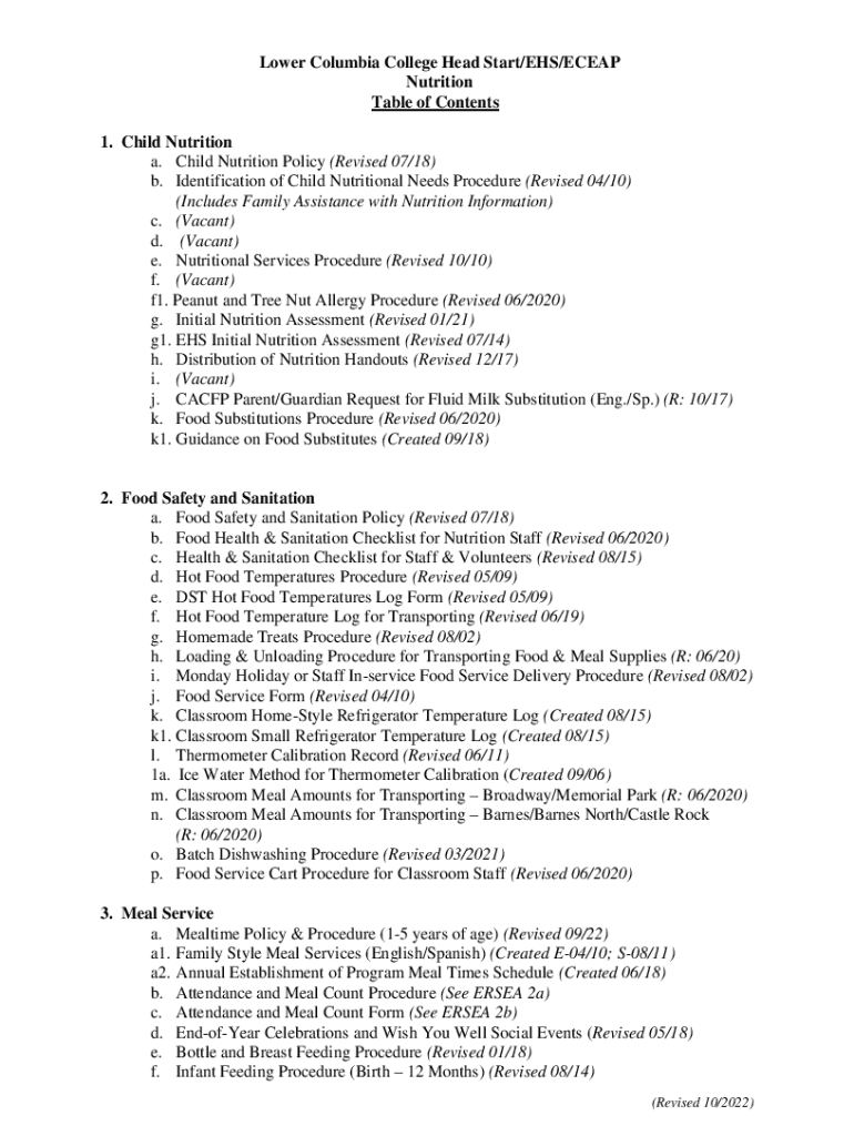 Fillable Online Lower Columbia College Head Start/EHS/ECEAP Nutrition ...