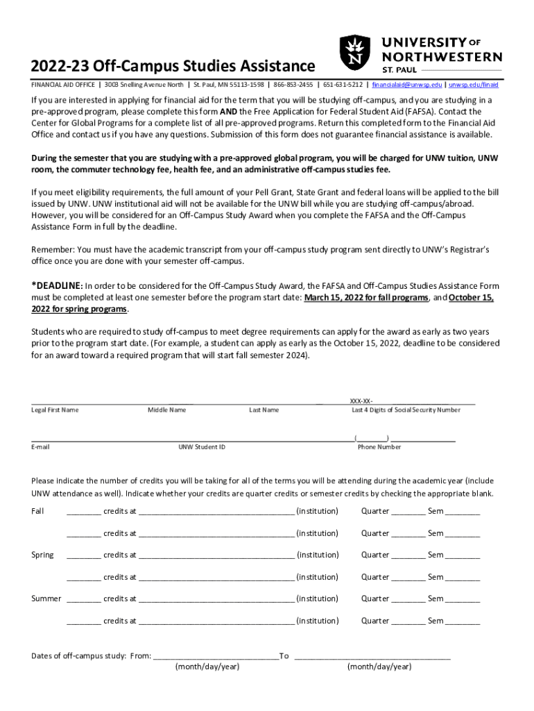 Fillable Online 2022-23 Off-Campus Study Financial Aid: Combination of Credits Fax Email Print ...