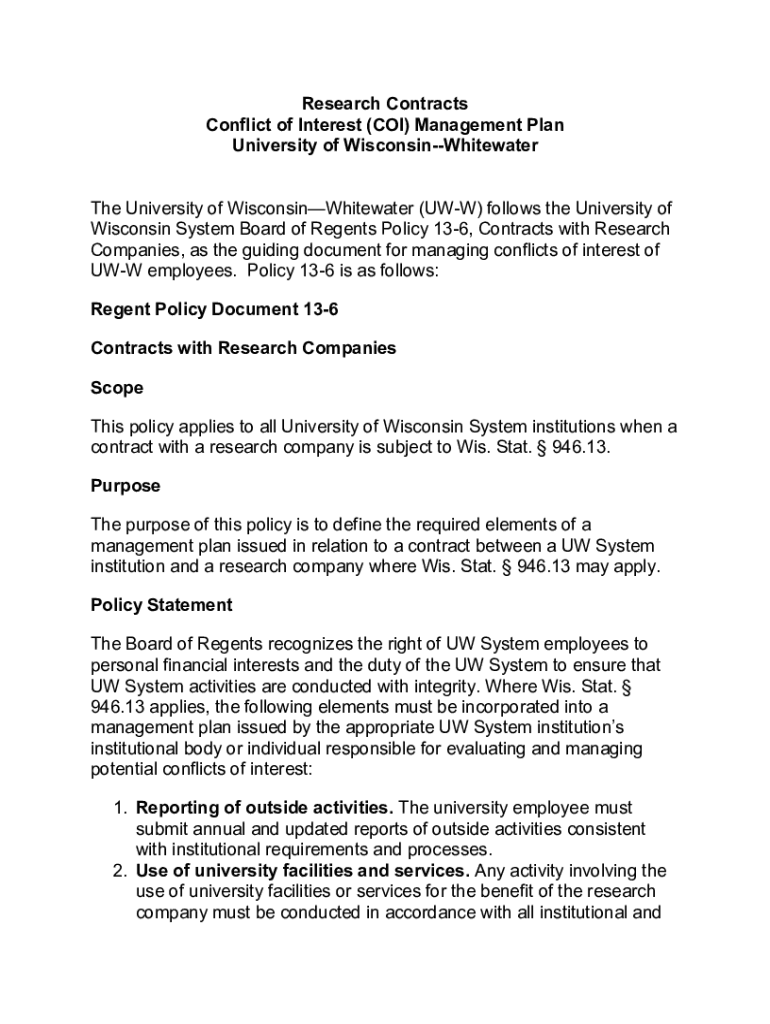 Fillable Online Research Contract Conflict of Interest (COI) Management Plan Fax Email Print ...