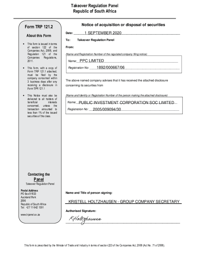 Fillable Online Takeover Regulation Panel Republic of South Africa Form ...