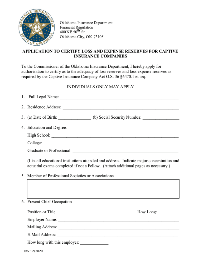 Fillable Online application to certify loss and expense reserves for captive Fax Email Print ...