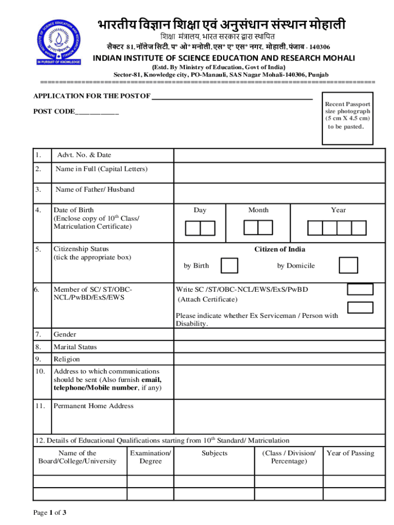 Fillable Online Indian Institute of Science Education and Research Mohali Fax Email Print ...