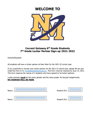 Fillable Online Gateway 6th Grade Students 7th Grade Locker Partner ...