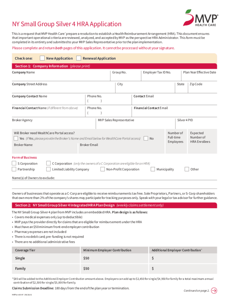 Fillable Online NY Small Group Silver 4 HRA Application - MVP Health ...
