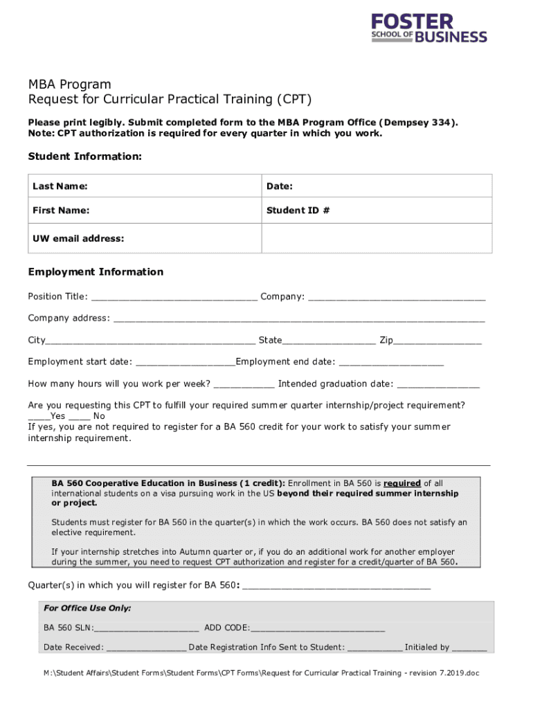 Fillable Online MBA Program Request for Curricular Practical Training ...