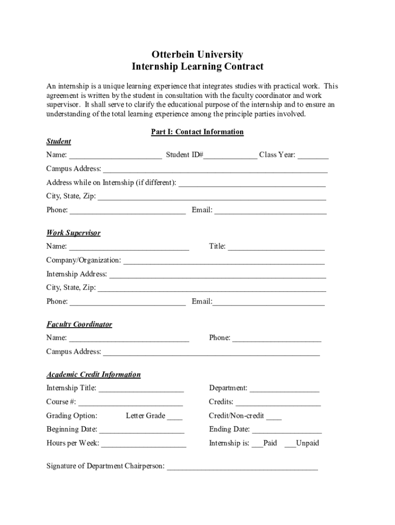Fillable Online Otterbein College Internship Learning Contract Fax Email Print - pdfFiller
