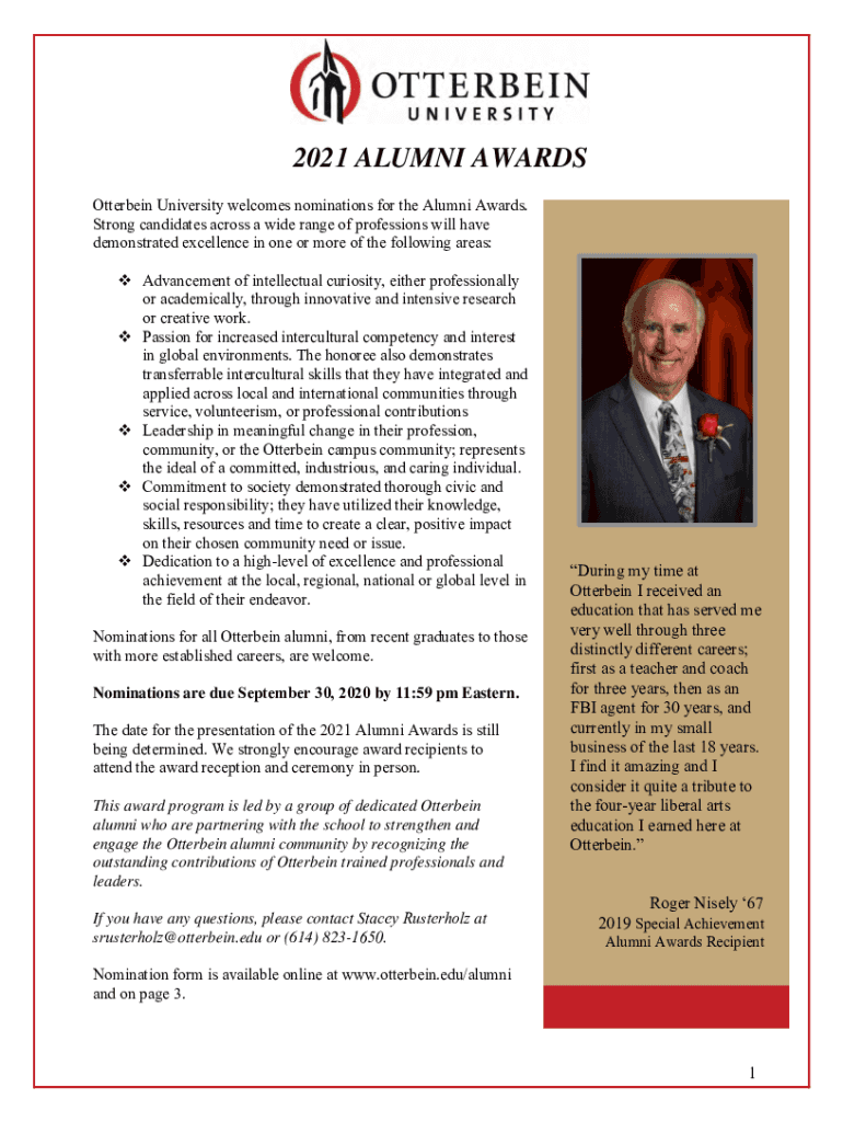 Fillable Online ALUMNI AWARD NOMINATION FORM - Otterbein University Fax Email Print - pdfFiller
