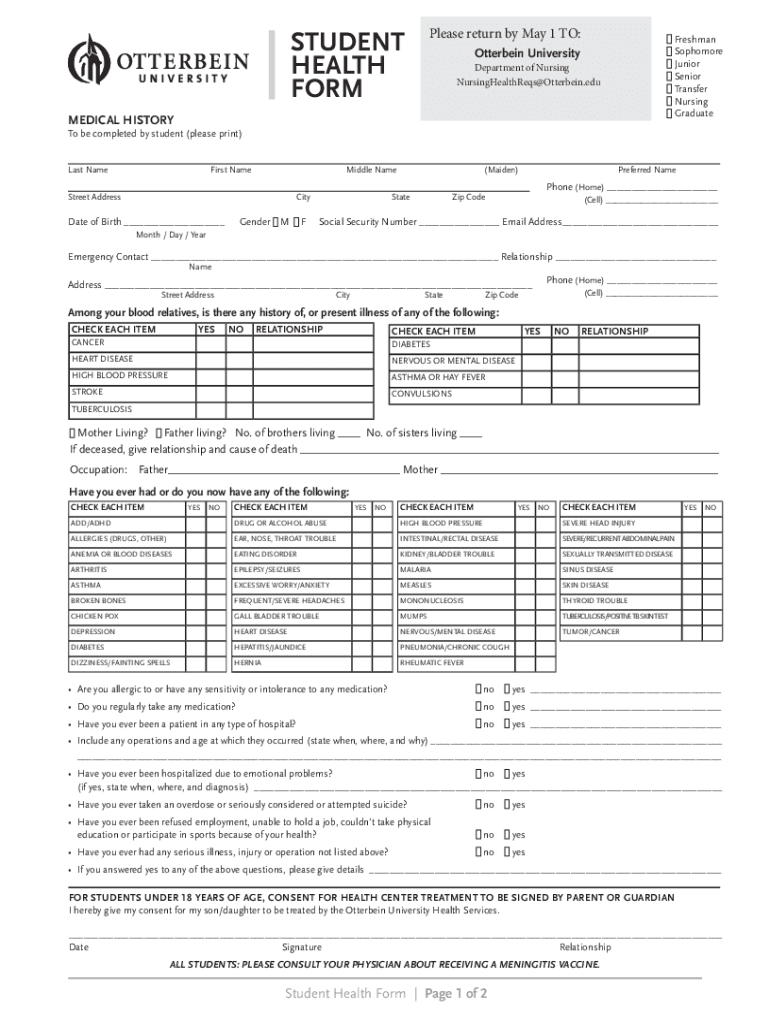 Fillable Online Bethel University School of Nursing HEALTH FORM Fax ...