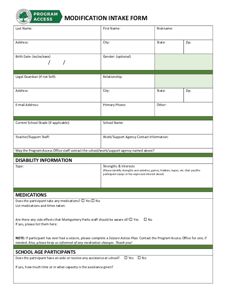 Fillable Online MODIFICATION INTAKE FORMMontgomery Parks Fax Email ...