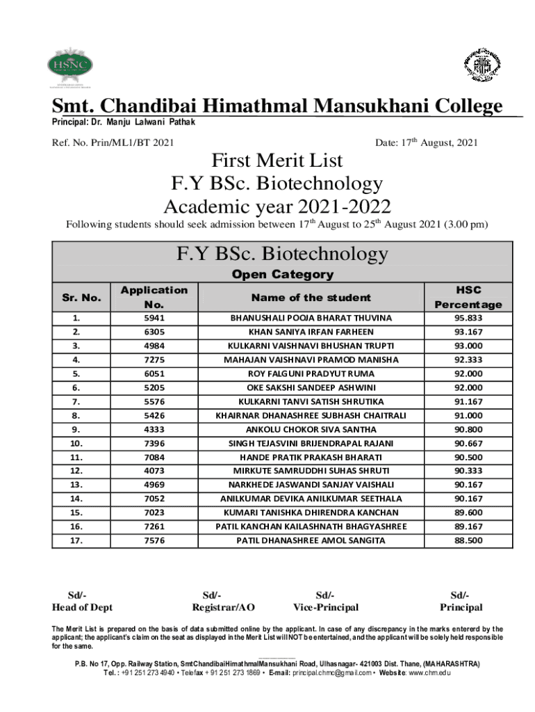 Fillable Online First Merit List FY BSc. Biotechnology Academic year 2021-2022 Fax Email Print ...