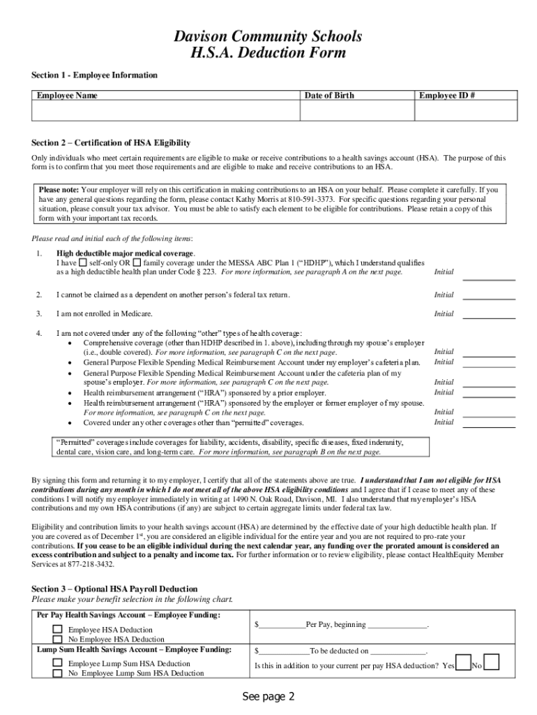 Fillable Online HSA DEDUCTION FORM - Davison Community Schools Fax ...