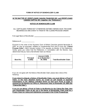 Fillable Online form of notice of bondholder claim - BDO Canada Fax Email Print - pdfFiller