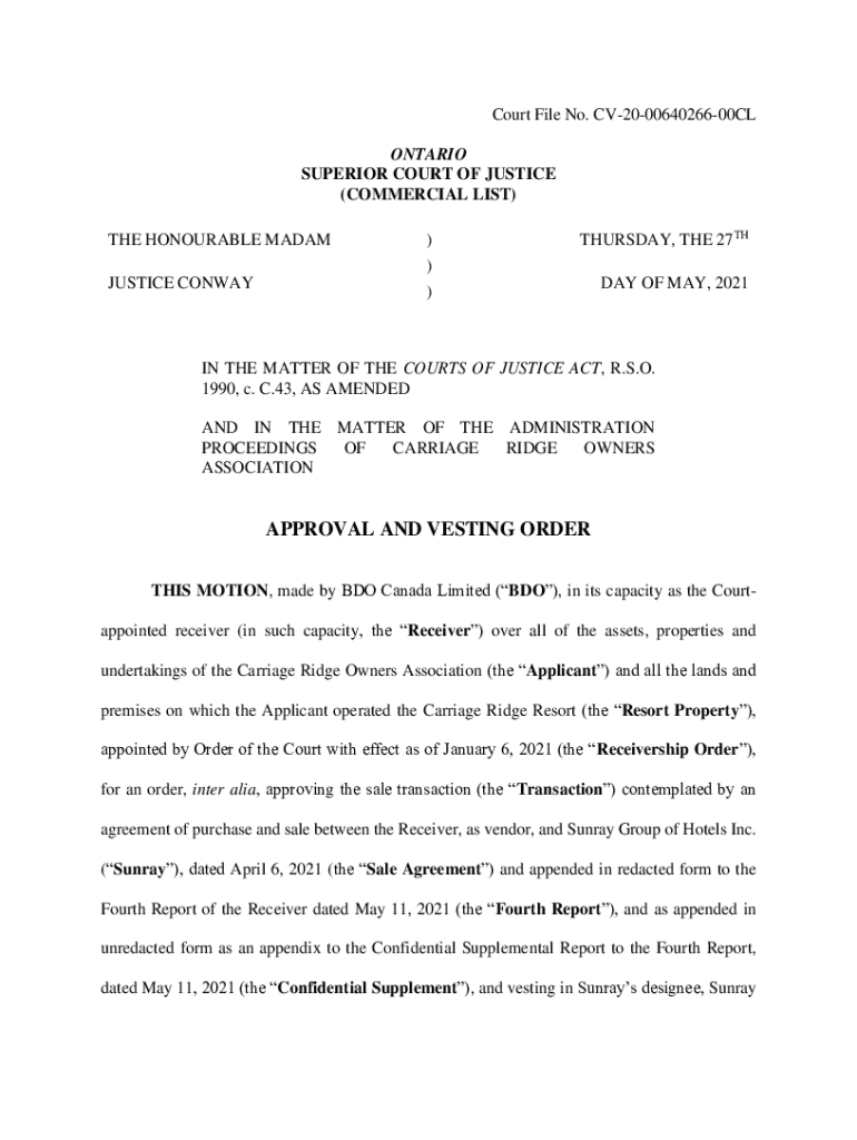 Fillable Online approval of sale of carriage ridge resort - BDO Canada Fax Email Print - pdfFiller