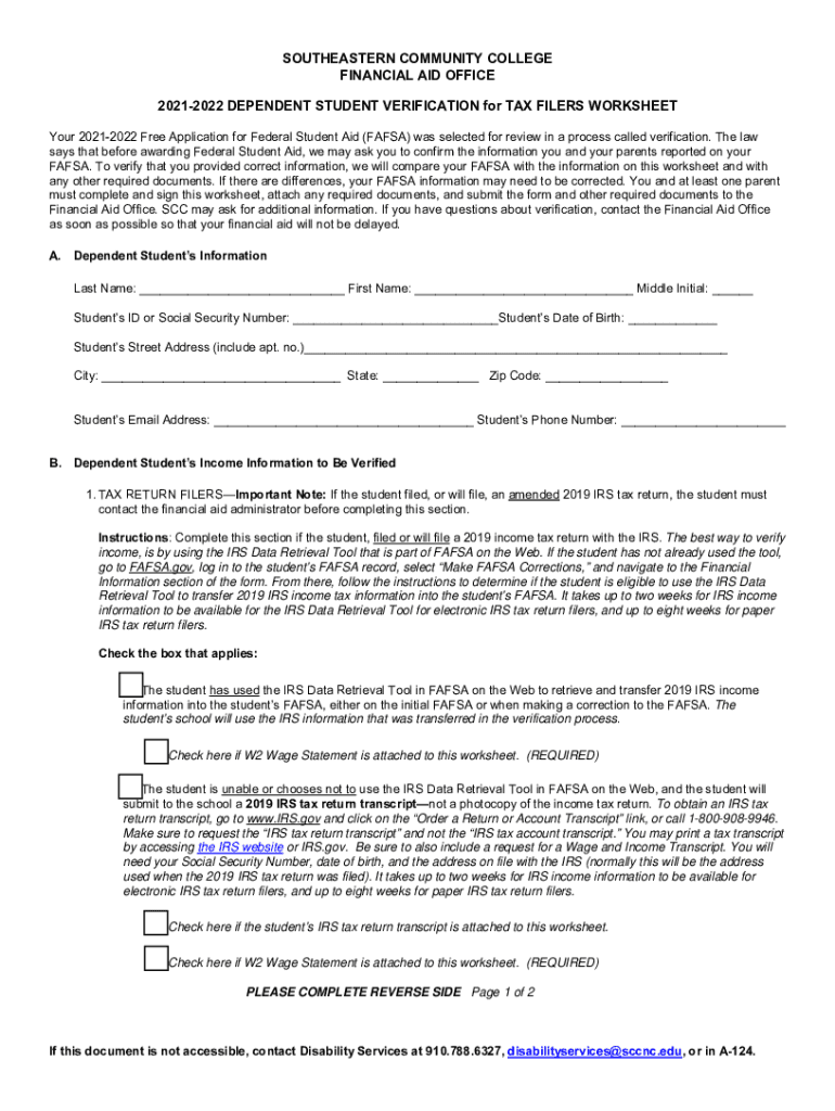 Fillable Online 2021-2022 DEPENDENT STUDENT VERIFICATION for TAX FILERS WORKSHEET Fax Email ...