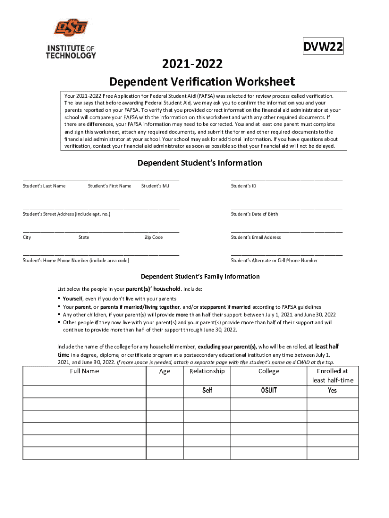 Fillable Online 2021-2022 DEPENDENT VERIFICATION WORKSHEET Fax Email Print - pdfFiller