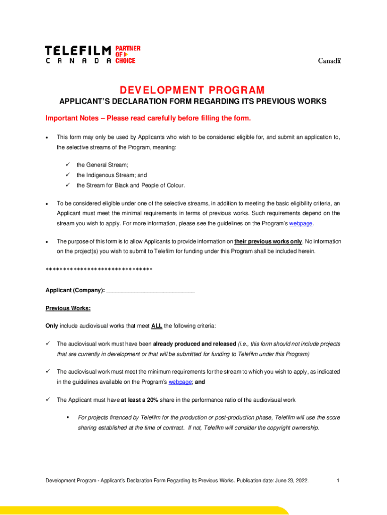 Fillable Online Development Program - Applicant's Declaration Form ...