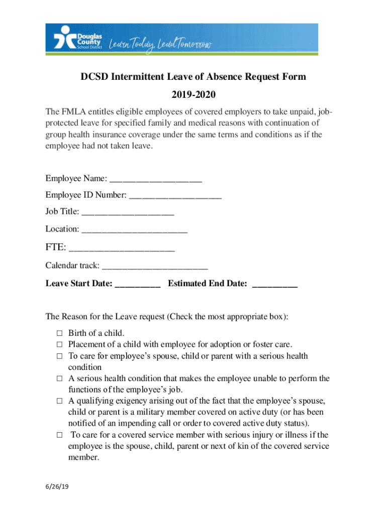 Fillable Online DCSD Intermittent Leave of Absence Request Form 2019 ...