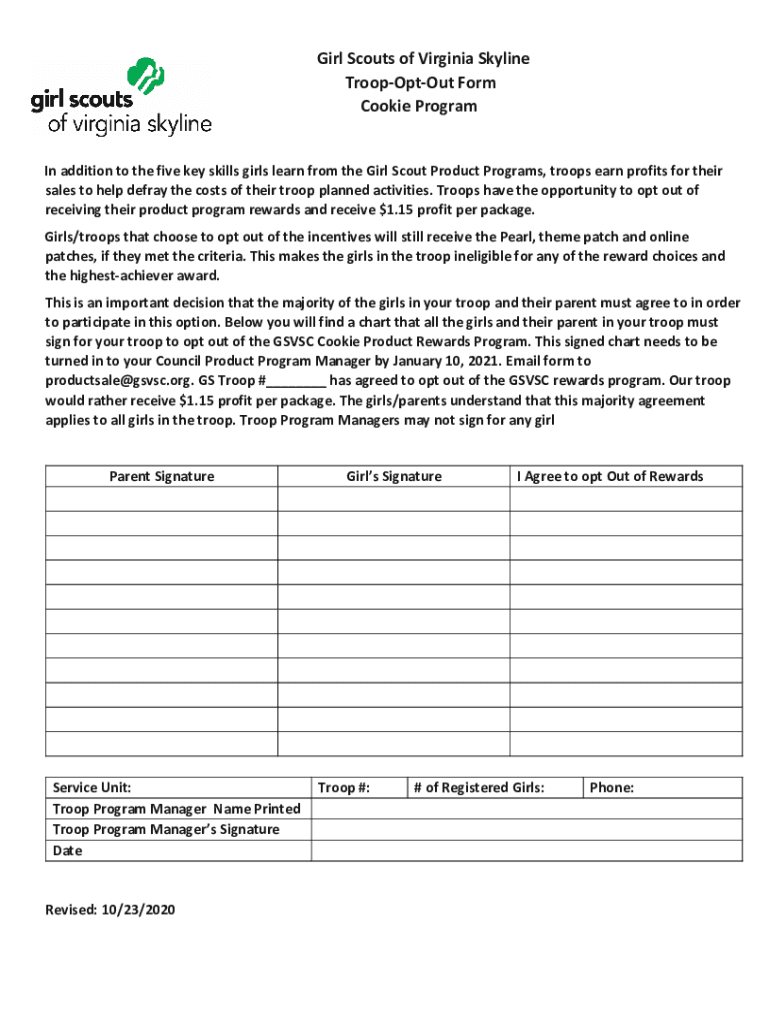 Fillable Online Girl Scouts of Virginia Skyline Troop-Opt-Out Form ...