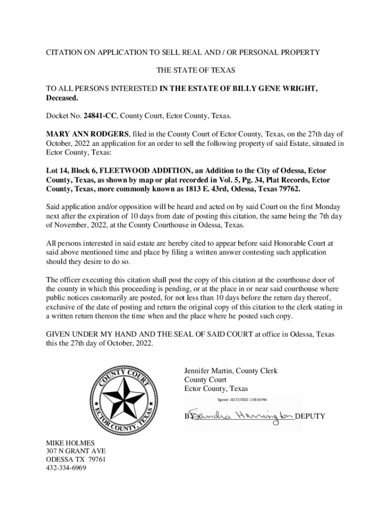 Fillable Online citation on application to sell real and / or personal ...