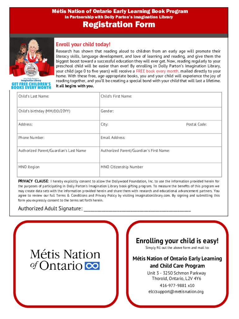 Fillable Online Early Learning Book Program Registration Form Fax Email ...
