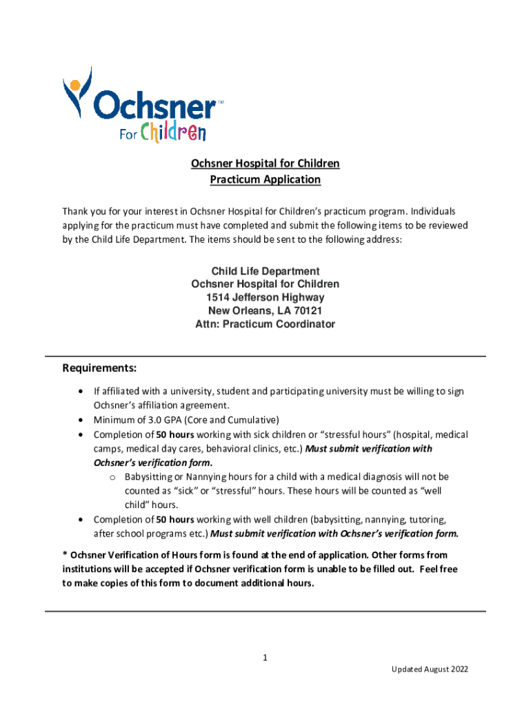 Fillable Online Ochsner Hospital for Children Practicum Application Fax ...