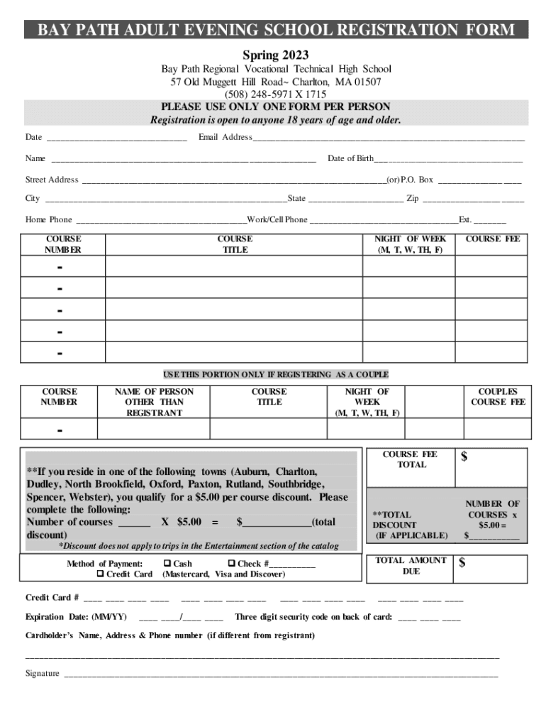 Fillable Online bay path adult evening school registration form Fax ...