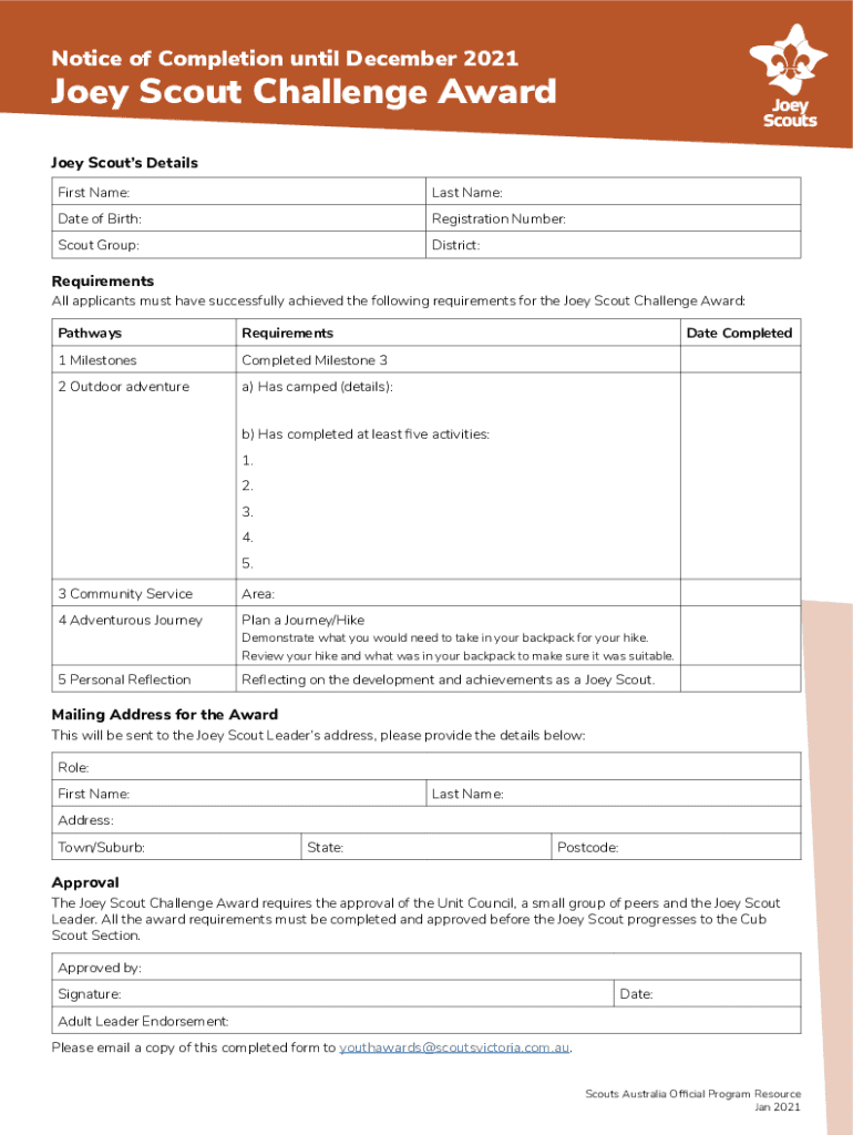 Fillable Online Hybrid Joey Scout Challenge Award Guide Extended to ...