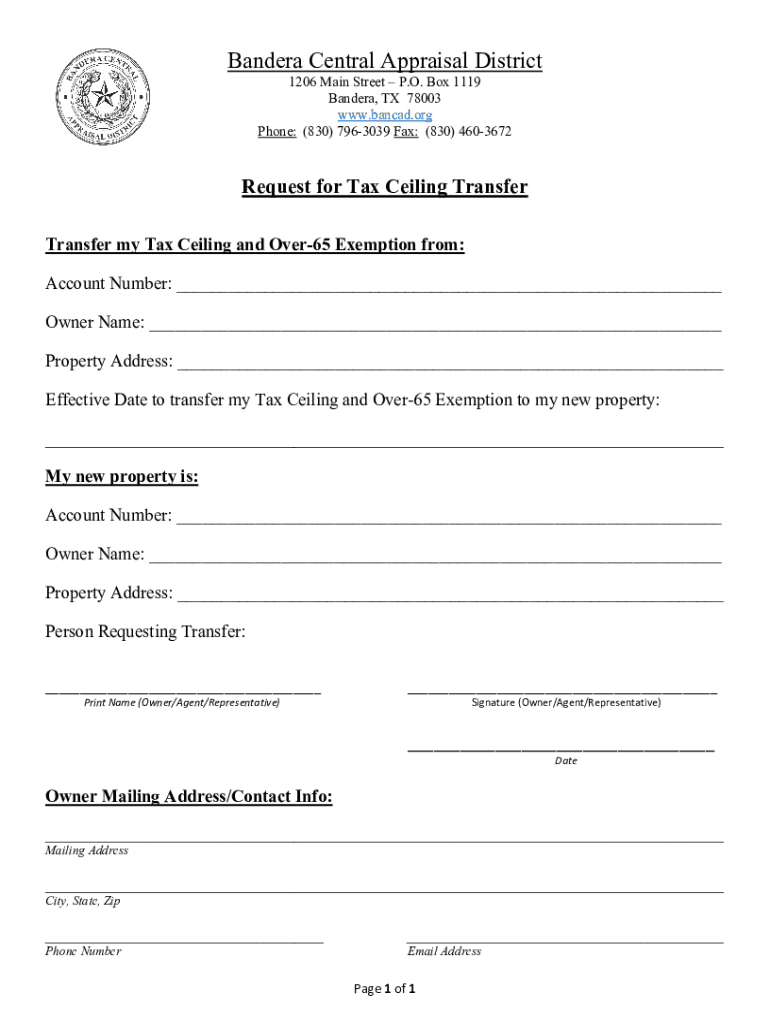 Fillable Online BCAD Tax Ceiling Transfer Form - SDD Fax Email Print ...