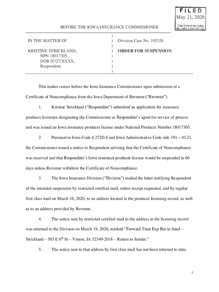 Fillable Online Order for Suspension - Iowa Insurance Division Fax ...