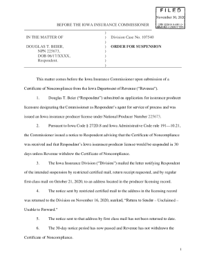Fillable Online ORDER FOR SUSPENSION - Iowa Insurance Division Fax ...