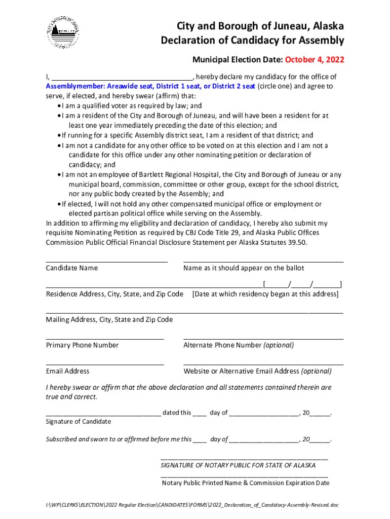 Fillable Online City and Borough of Juneau, Alaska Declaration of ... Fax Email Print - pdfFiller