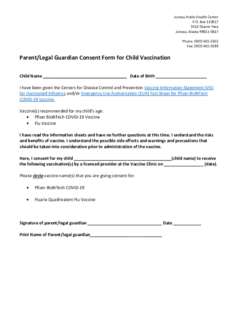Fillable Online Parent/Legal Guardian Consent Form for Child Vaccination Fax Email Print - pdfFiller