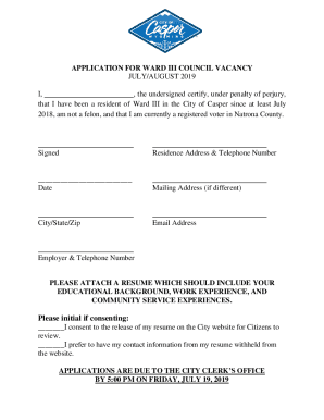 Fillable Online APPLICATION FOR WARD III COUNCIL VACANCY Fax Email ...