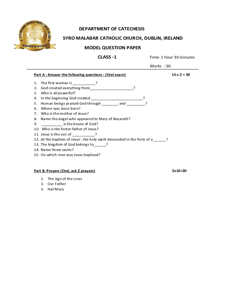 Fillable Online model question paper class -1 - Syro Malabar Church ...