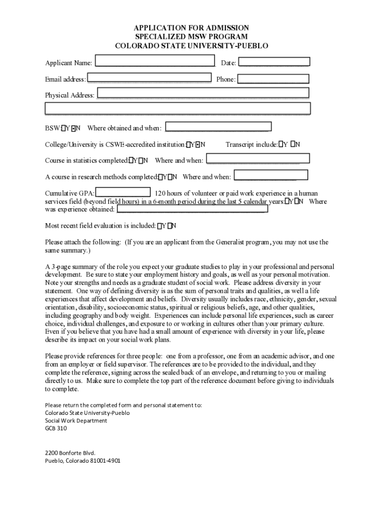 Fillable Online application-for-admission-specialized-msw-program. ... Fax Email Print - pdfFiller