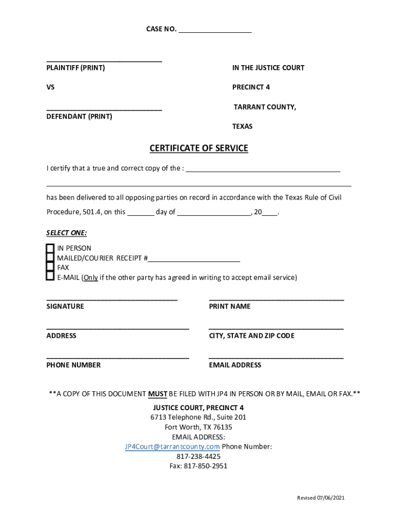 Fillable Online CERTIFICATE OF SERVICE - Tarrant County Fax Email Print ...