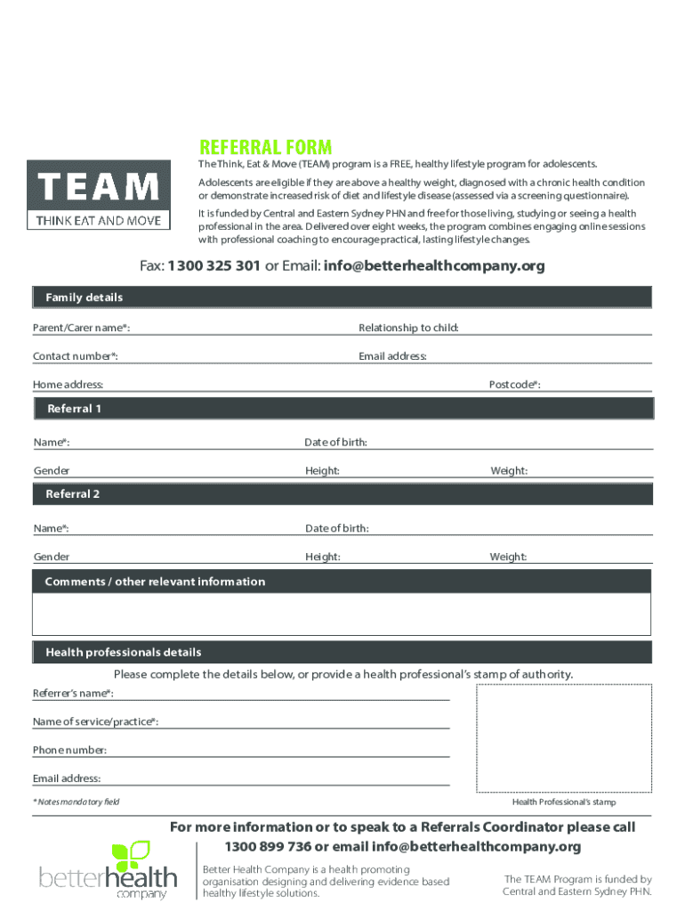 Fillable Online Referral form - Think eat and move Fax Email Print ...